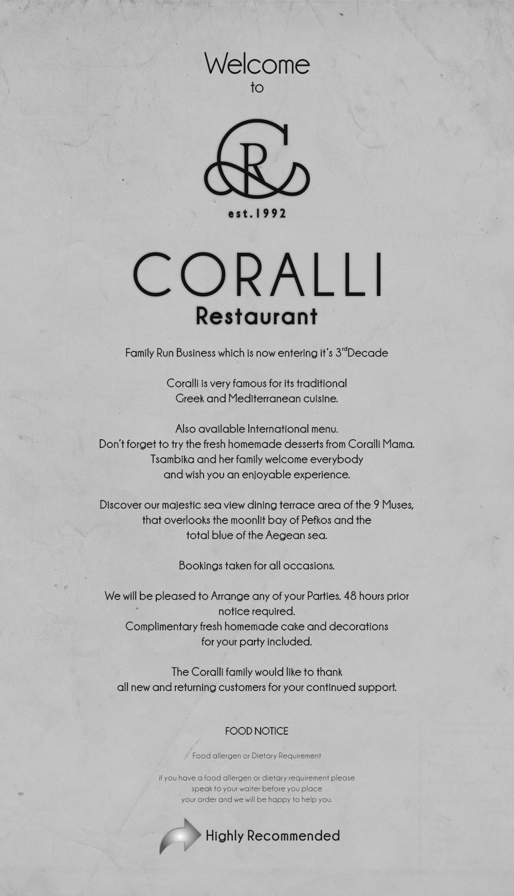 Main Menu – Coralli Restaurant